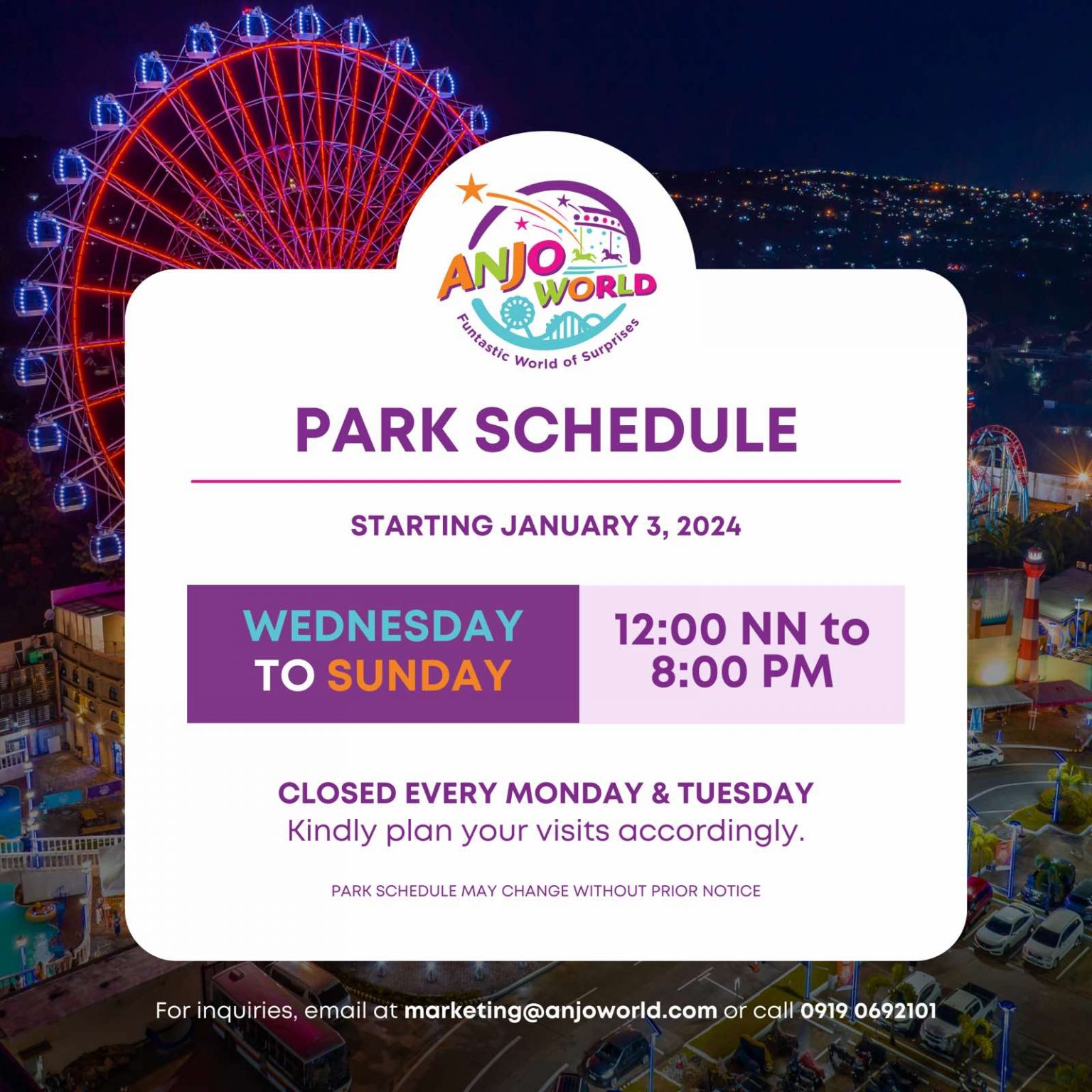 PARK SCHEDULE – Anjo World Theme Park